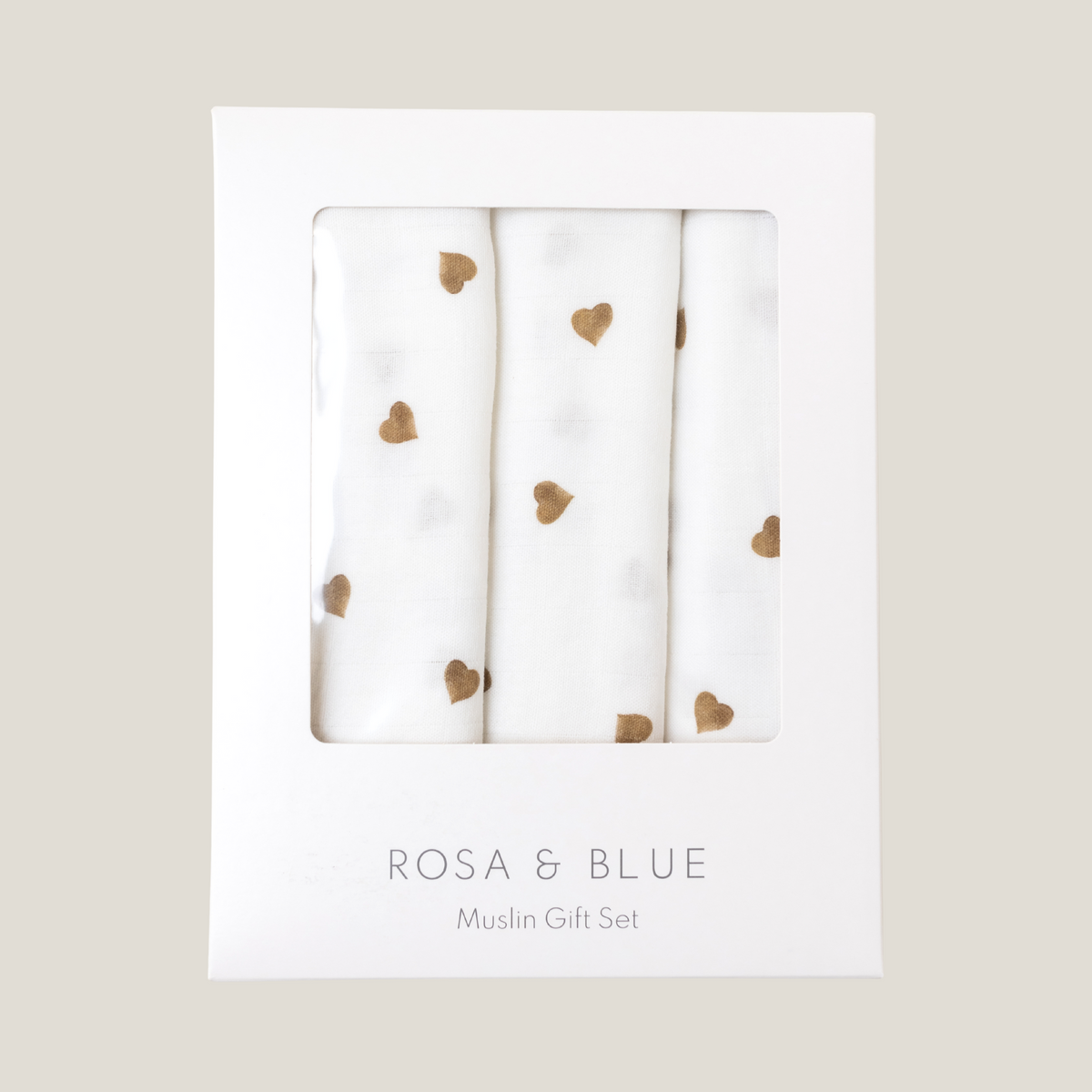 Neutral Heart Print Bamboo Muslin Baby Gift Set – Rosa and Blue